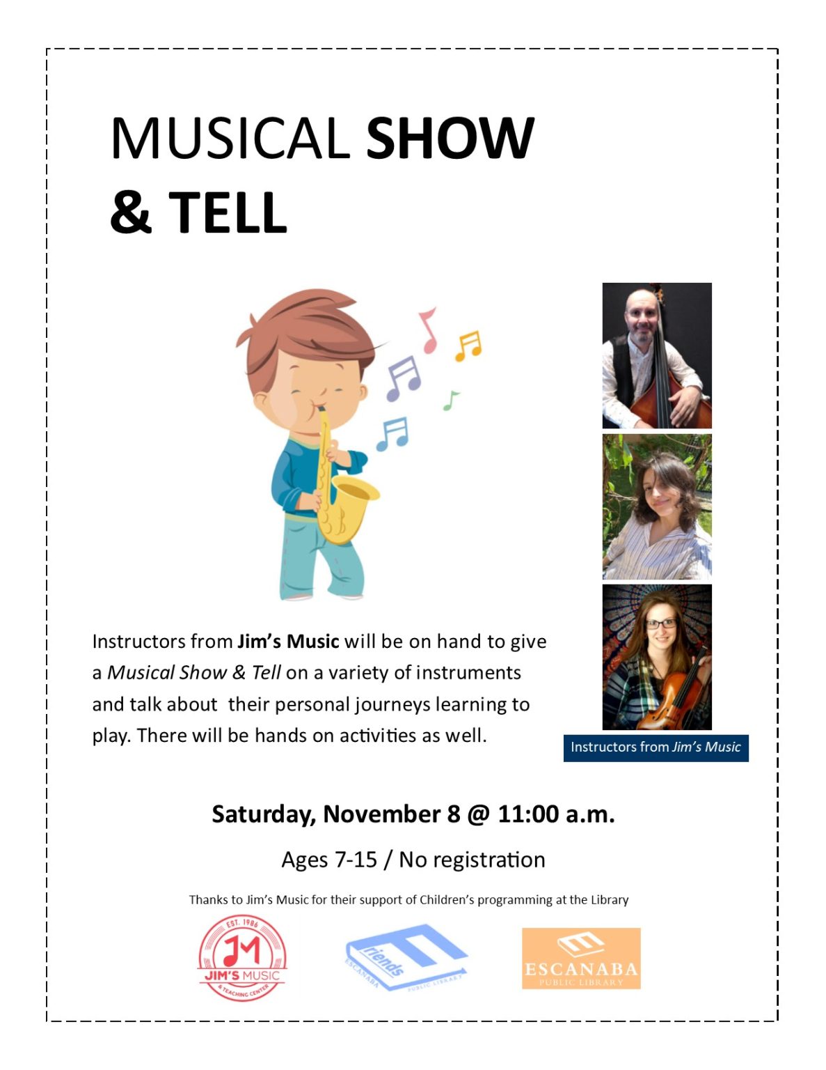 Musical Show & Tell with Jim's Music on Saturday, November 8 at 11:00 a ...